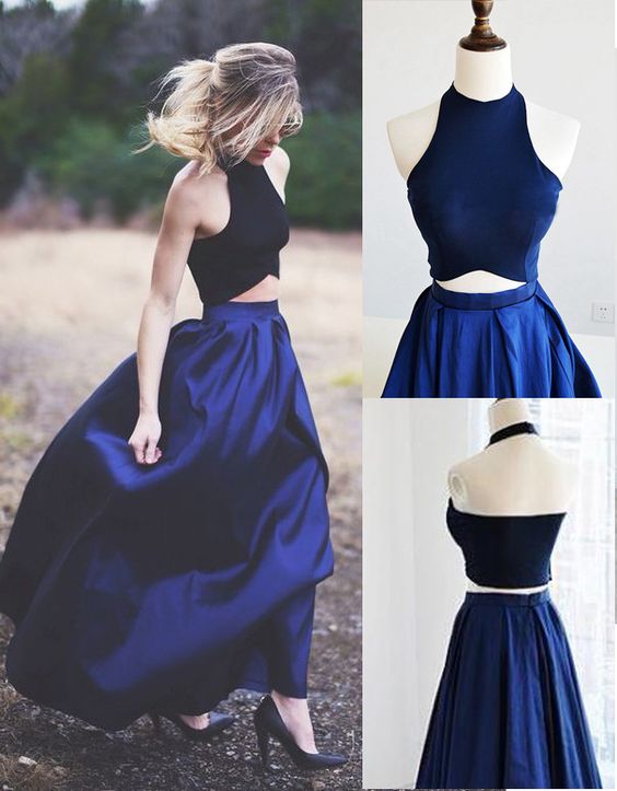 Two-piece Navy Blue Prom Dresses,halter Prom Dresses,prom Dresses on Luulla