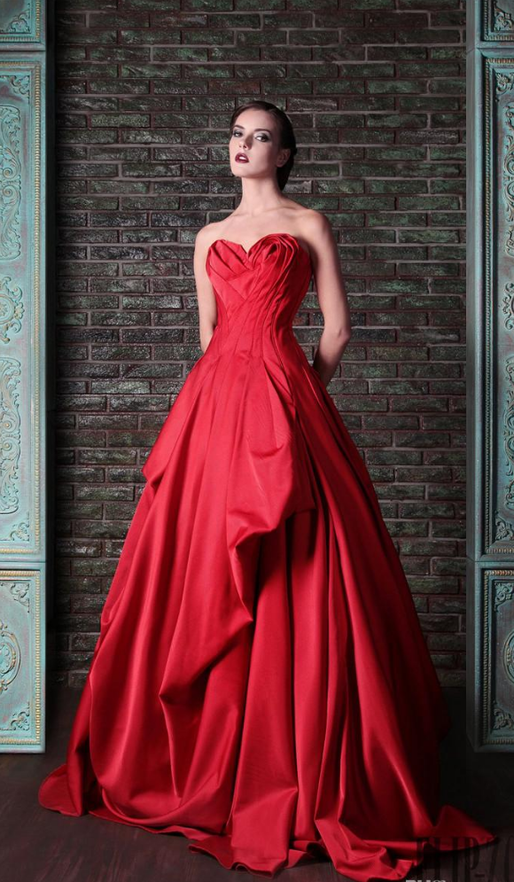 Rami Kadi Red Dresses Evening Wear Pleated A Line Strapless Neck Draped ...