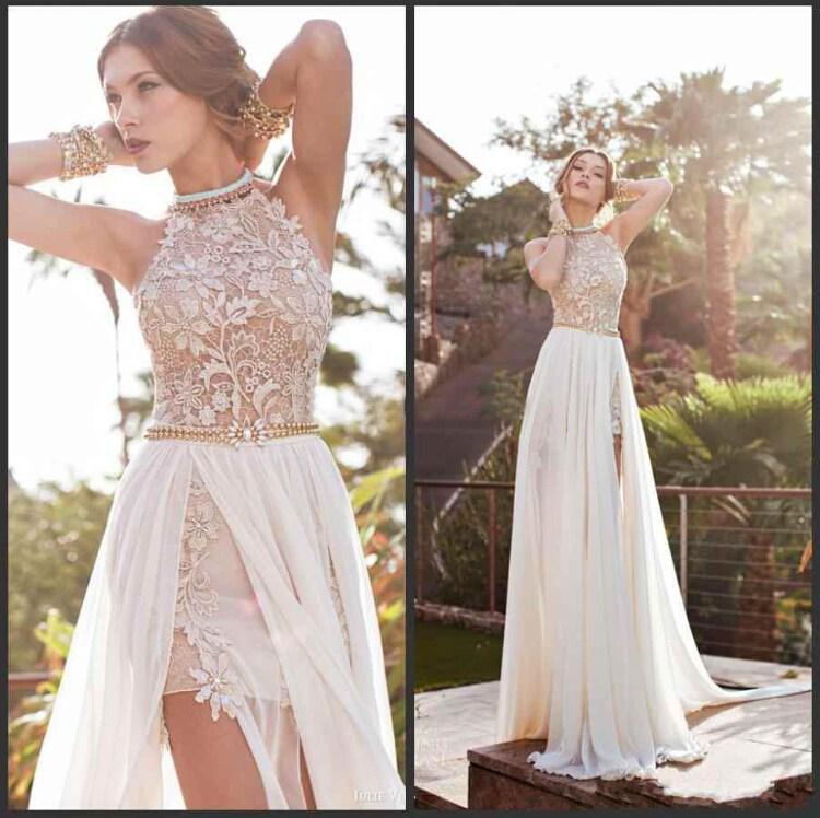 Vintage Beach Prom Dresses High Neck Beaded Crystals Lace Applique ...